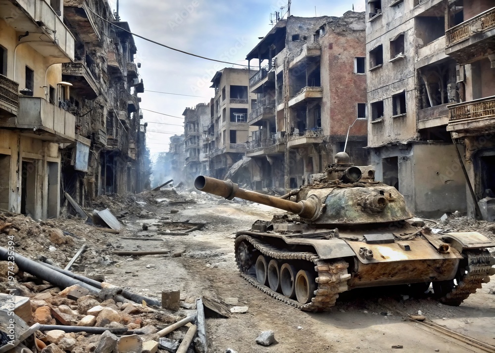 Rubble-strewn streets and bombed-out buildings provide a stark backdrop ...