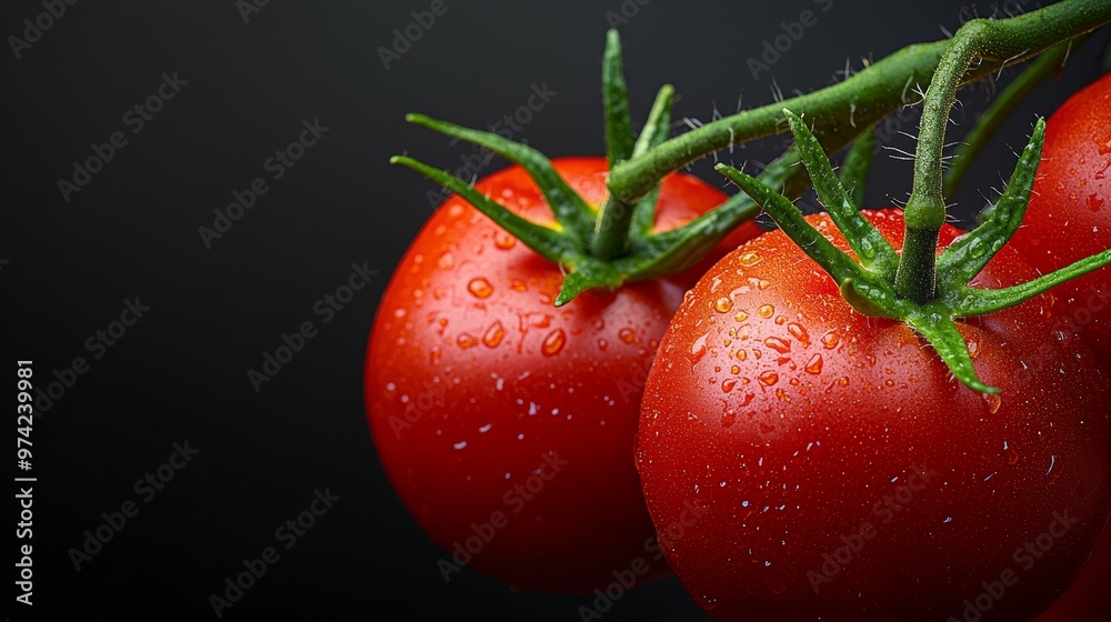 Three tomatoes up-close on a vine, water-droplets on leaves and stem ...