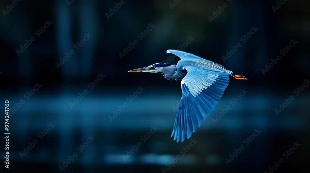 A blue bird flies over a body of water, wings spread wide, head turned ...