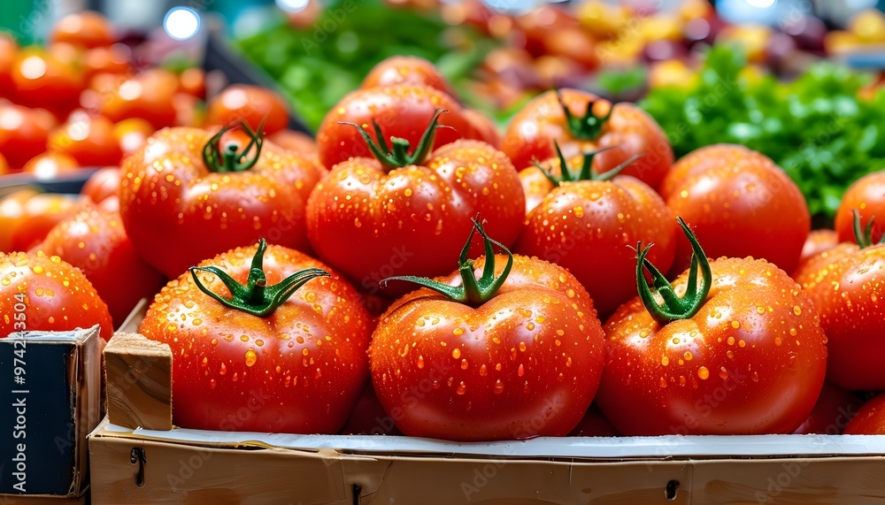 Vibrant Display of Fresh Ripe Tomatoes with Water Droplets in Bins ...