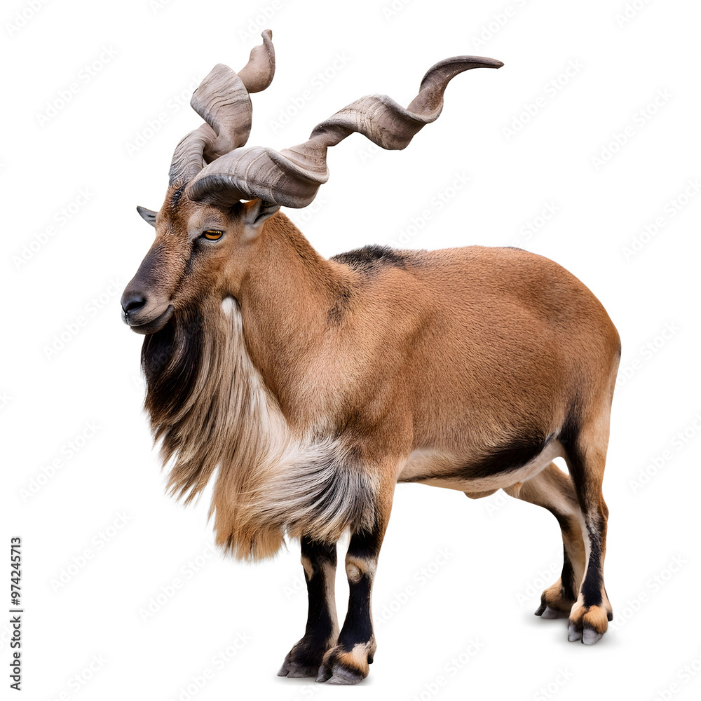 Markhor (Capra falconeri) mountain male goat full long swirly, curly ...