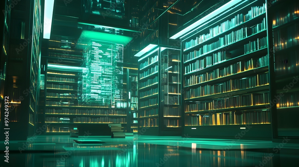 Inside a computer, a digital library with illuminated book spines and ...