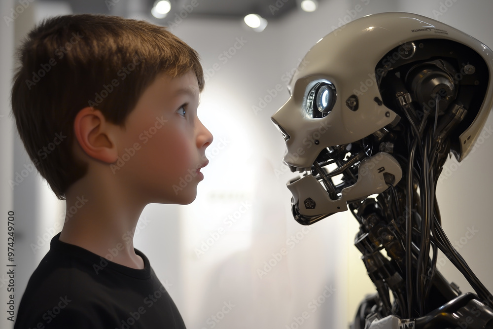 Child facing a humanoid robot in a futuristic setting, symbolizing the ...