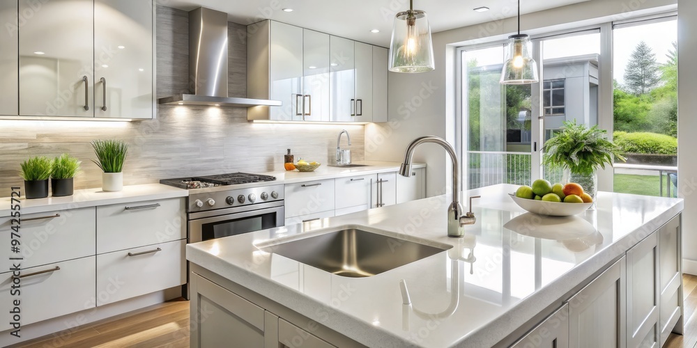 Sparkling clean white kitchen countertops, sink, and faucet gleam with ...