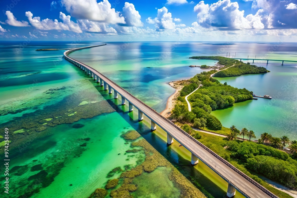 Sun-kissed aerial view of Seven Mile Bridge connecting the Florida Keys ...