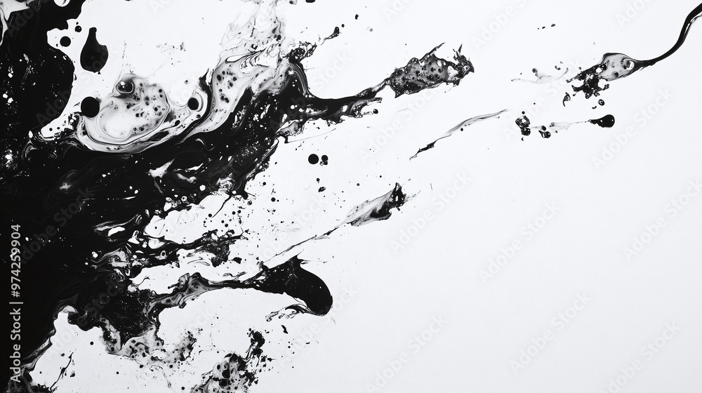 black ink drops fluid effect on wet white canvas background, overlay ...