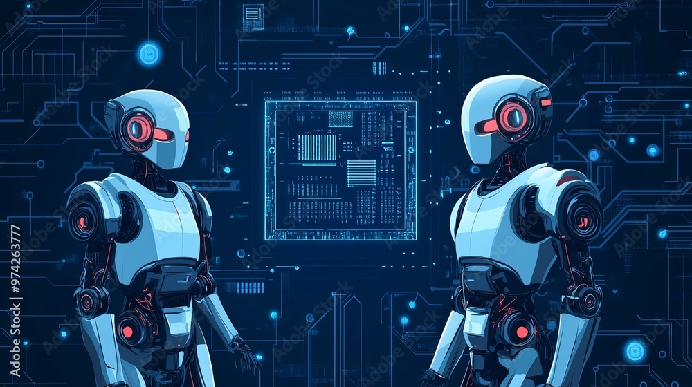 Robots using AI make computer chips on a dark blue background. Robots ...