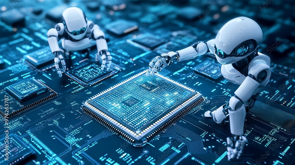 Robots using AI make computer chips on a dark blue background. Robots ...