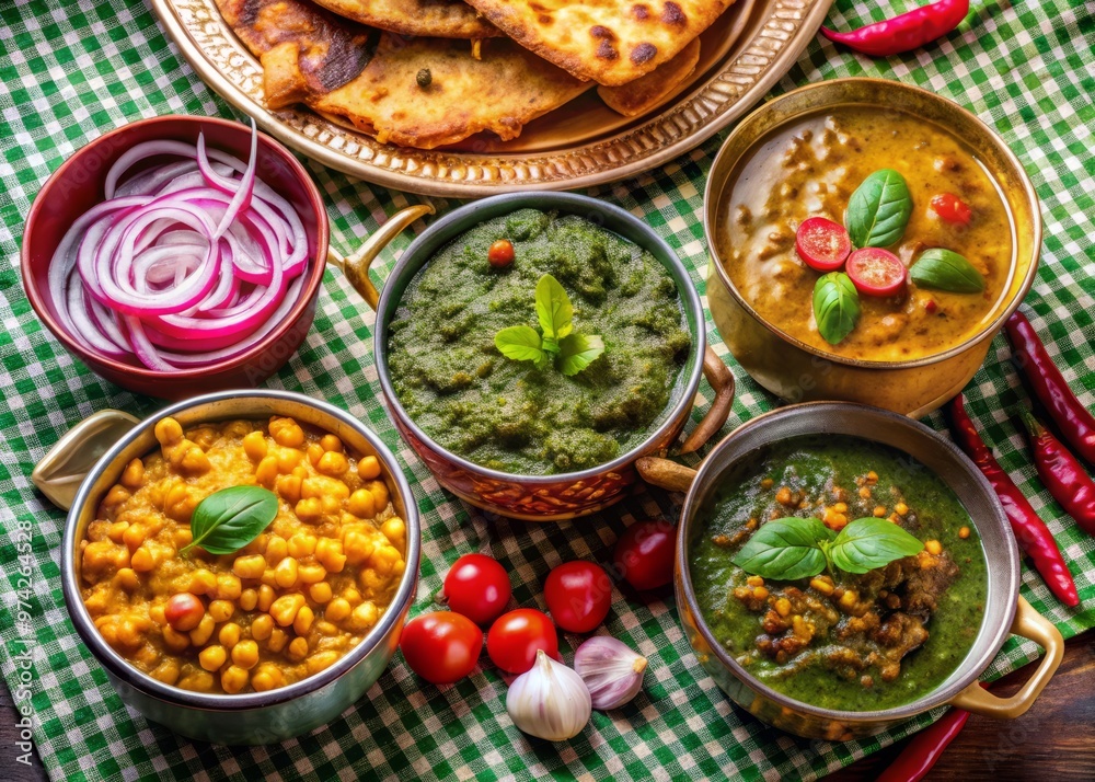 Vibrant assortment of traditional Punjabi cuisine dishes, including ...