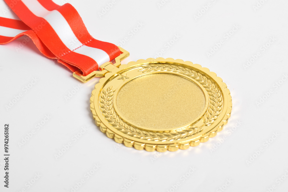 Gold medal with red and white ribbon isolated on white background ...