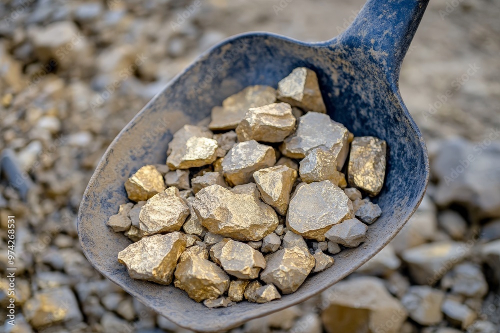 A stunning close-up image of a shovel densely packed with shiny gold ...