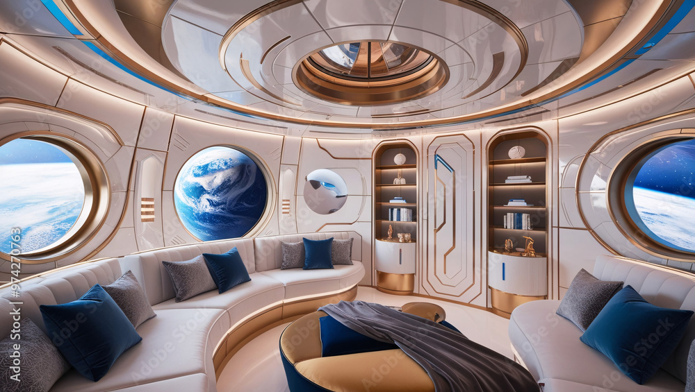 Elegant and Modern Space Station Interior with Stunning Earth and Moon ...