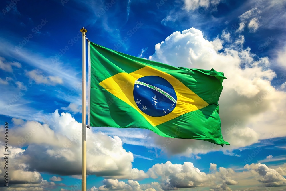 Vibrant green and yellow Brazilian national flag waving proudly in the ...
