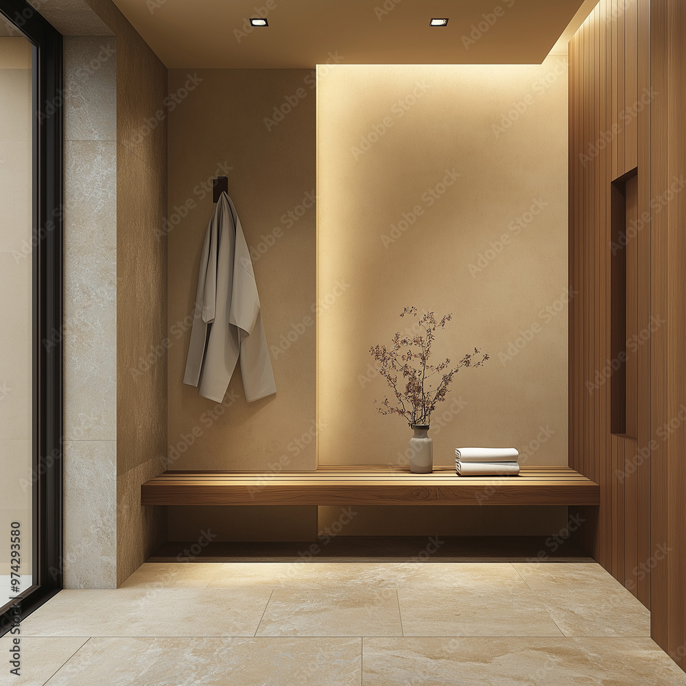 a Japanese-inspired genkan featuring minimalist design Wabi-Sabi ...