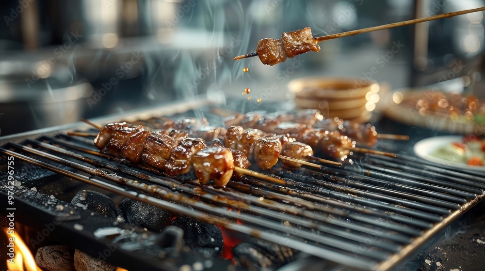 A Chinese barbecue stall with skewers of char siu pork coated in hoisin ...