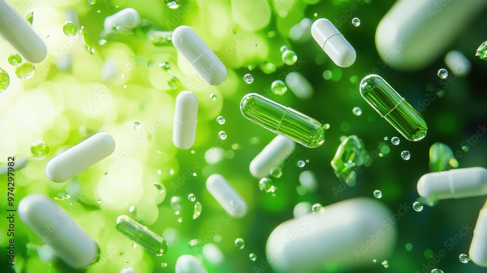 Abstract layout of floating homeopathic pills and herbal capsules, with ...