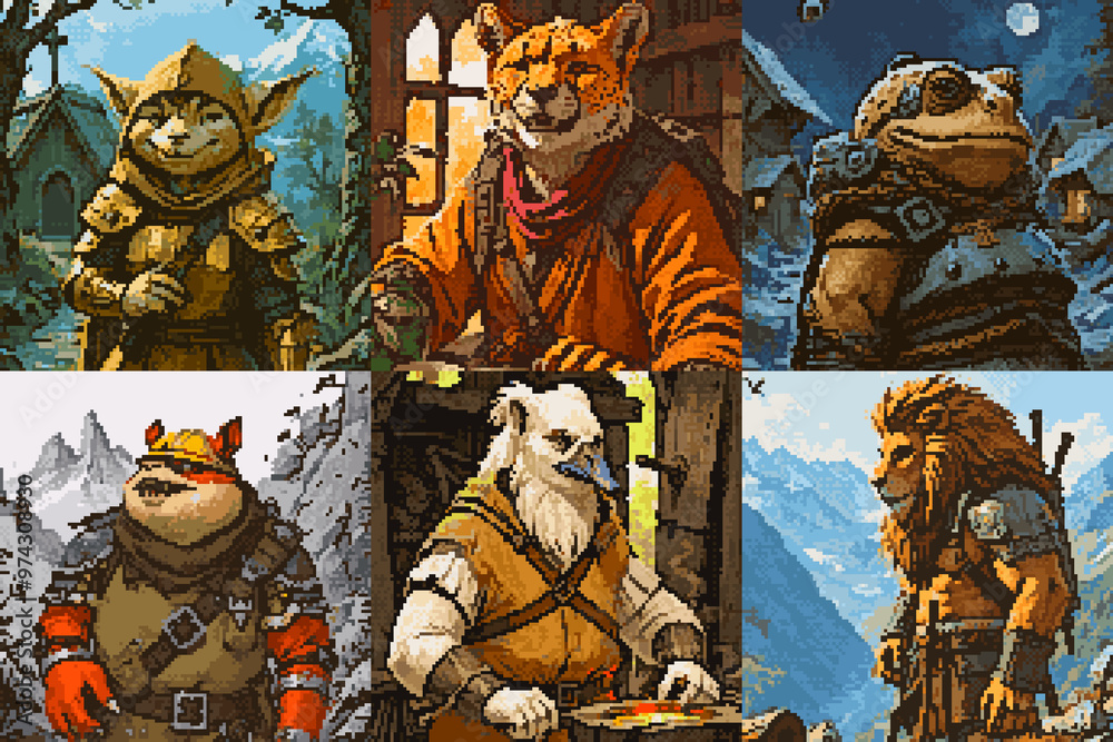 Thief, smith and merchant ready for adventure, Pixel art style fantasy ...