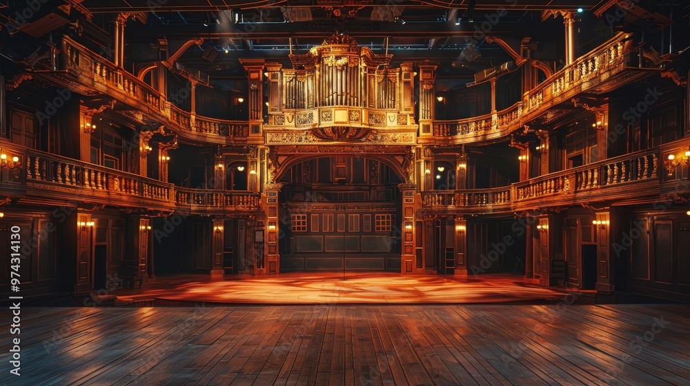 Empty wooden stage with balcony levels and lighting. A classic theater ...