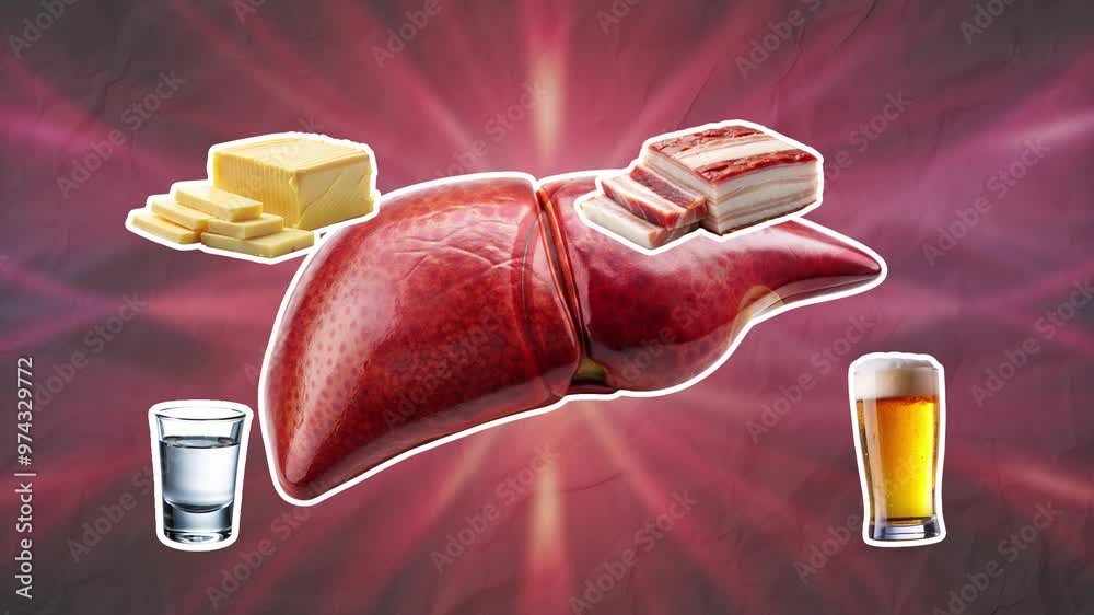 A healthy human liver appears on camera, it is attacked by fatty foods ...