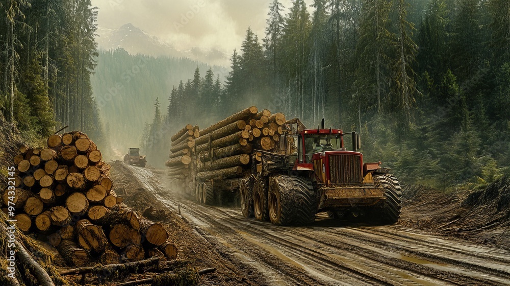 Working in forests, cutting trees for lumber, using machines and tools ...