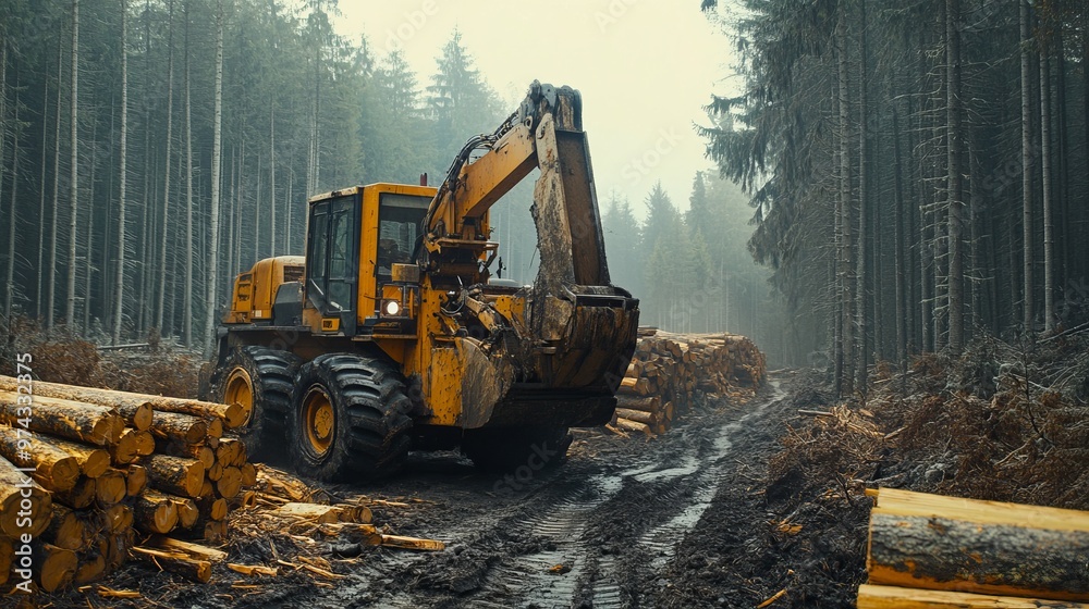 Working in forests, cutting trees for lumber, using machines and tools ...