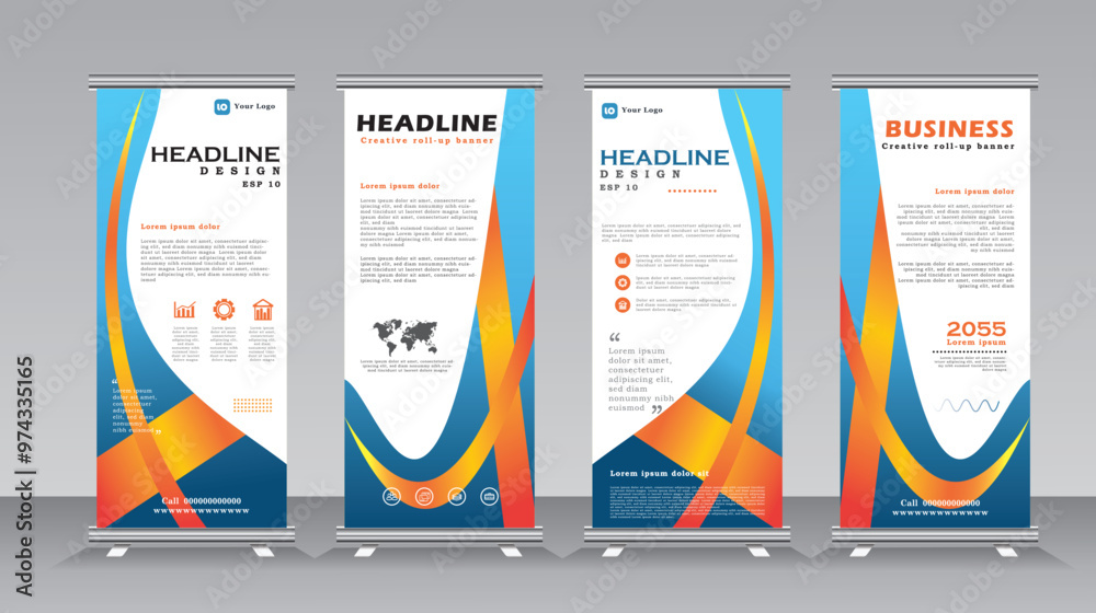 Roll up banner design template. stand banner layout with blue and ...