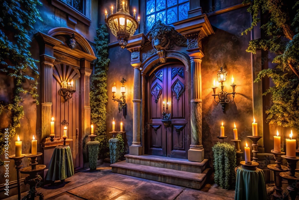 Haunted mansion scenes with creaking doors, flickering candles, and ...