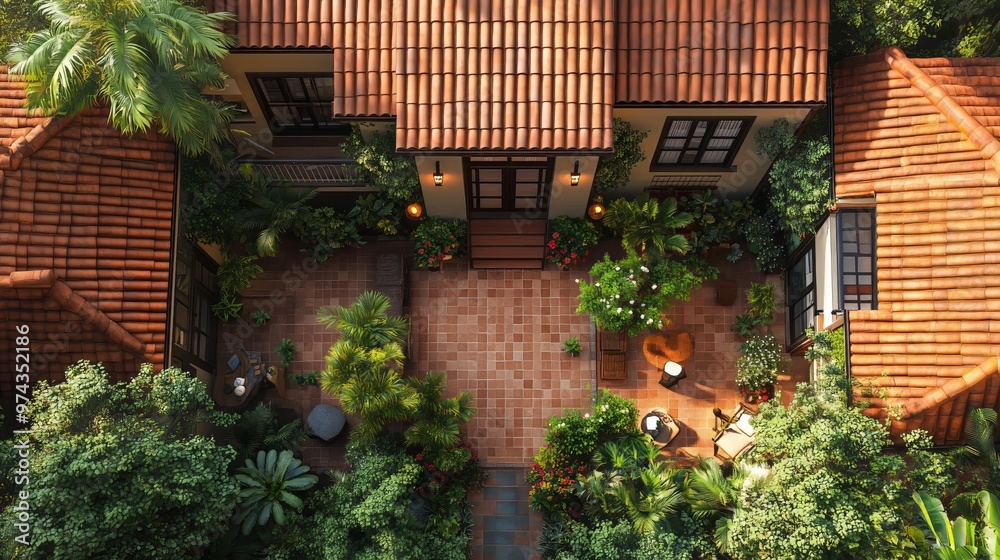 Top-down aerial view capturing the intricate design of a private house ...