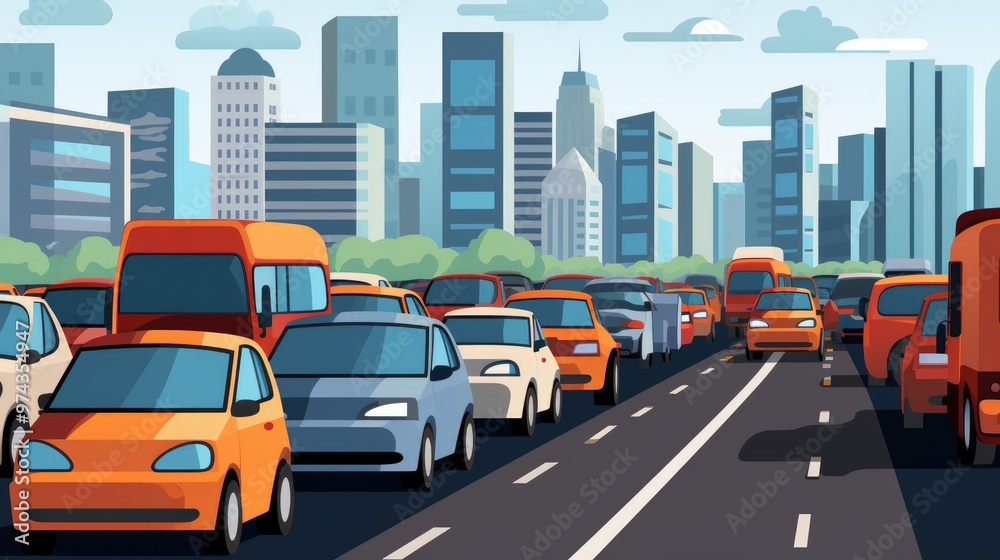 A city street scene with a line of cars stopped in traffic. The ...