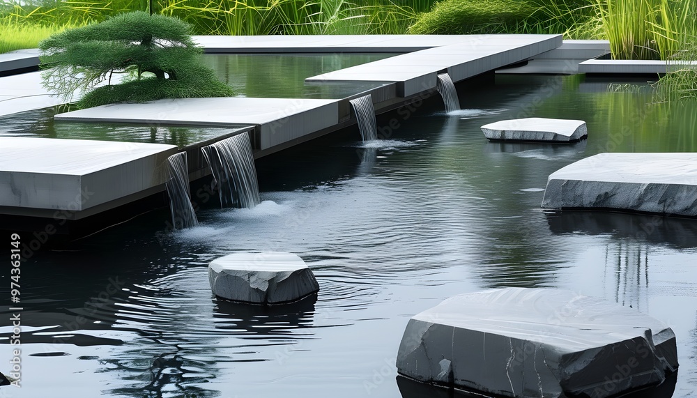 Serene minimalist water feature with cascading waterfall and tranquil ...