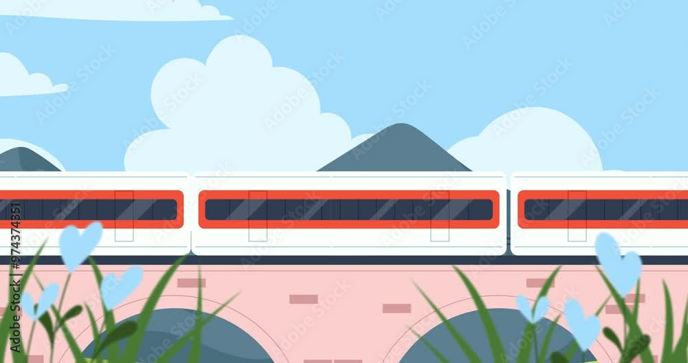 Time to travel. Banner with looped train movement on railroad or ...