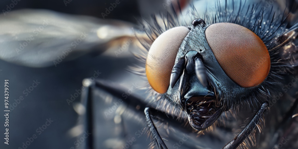 Extreme close-up of a fly’s orange and black compound eyes and face ...