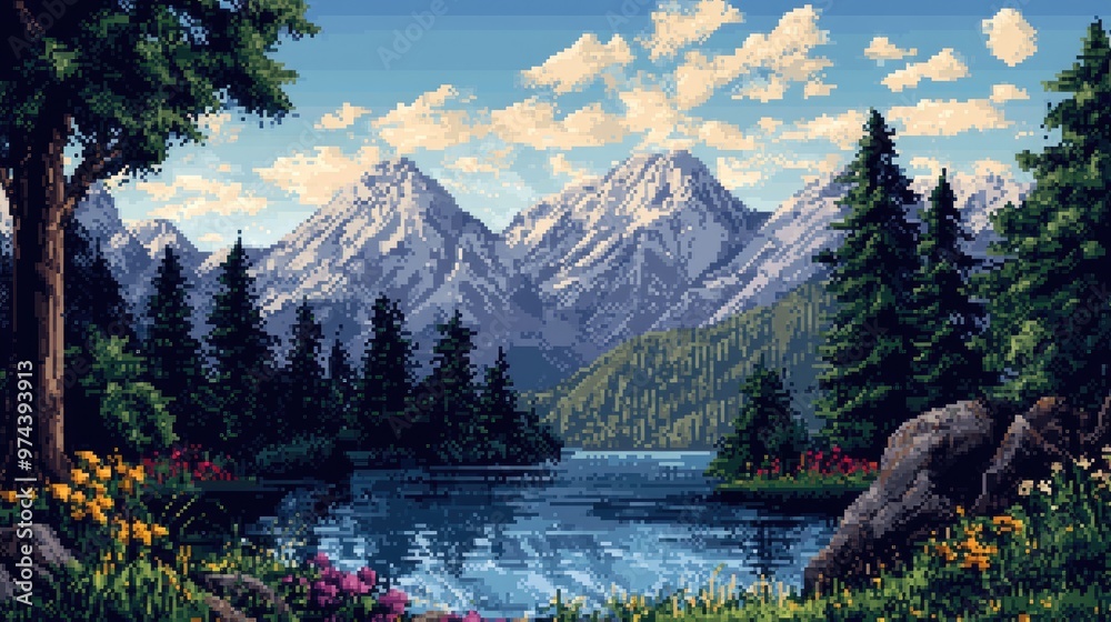 A retroactive nature scene, styled like a 1990s point-and-click 16-bit ...