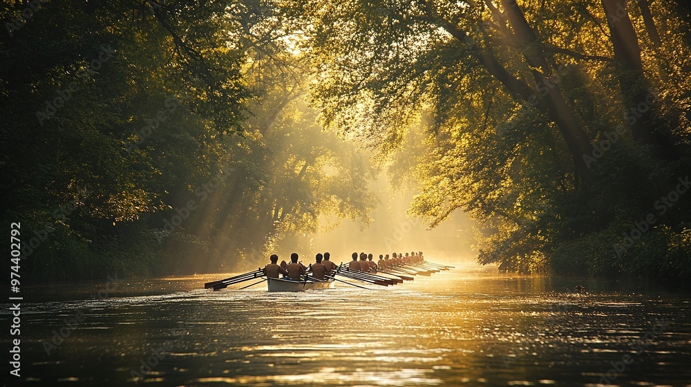 synchronized rowing by a team of rowers on the river, creating a ...