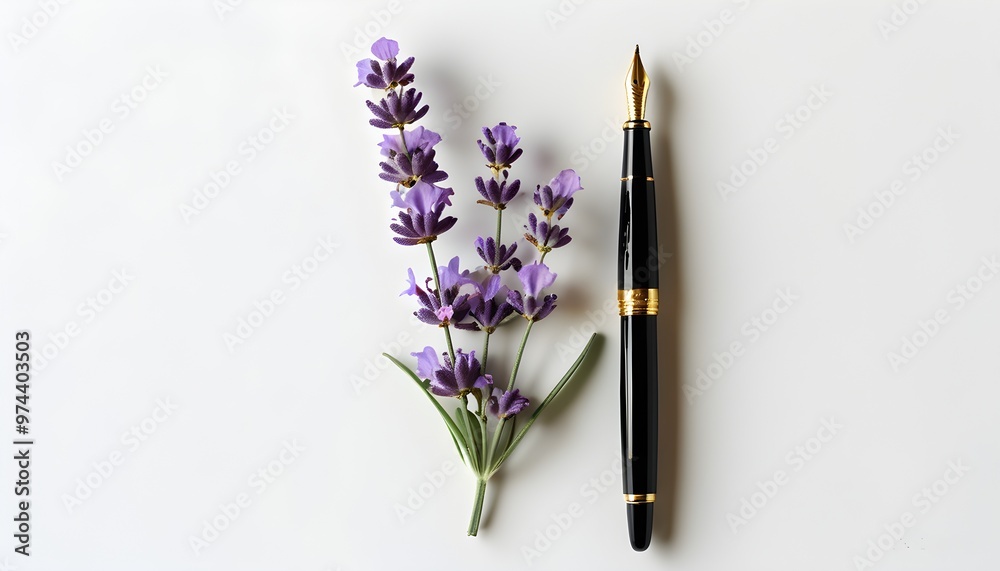 Elegance of a black fountain pen with golden nib alongside lavender ...