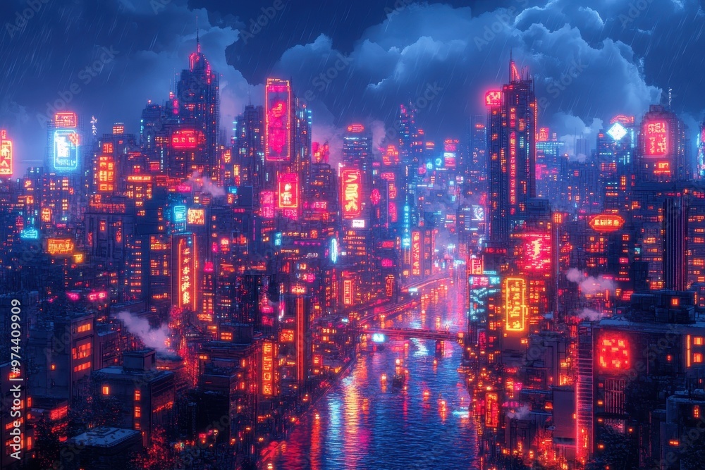 Retro 16-Bit Cyberpunk Cityscape with Vibrant Neon Signs and Futuristic Buildings Stock ...