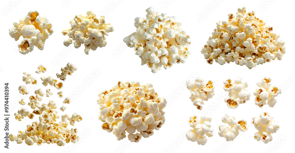 Popcorn corn kernel grains, many angles view pile heap, levitate flying ...