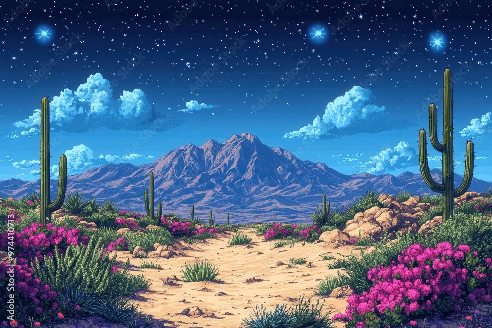 Retro Pixel Art Desert Landscape with 8-Bit Sand Dunes, Cacti, and ...