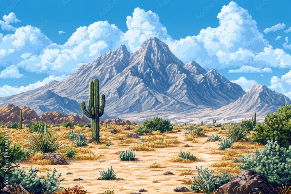 Retro Pixelated Desert Landscape with Sand Dunes, Cacti, and Mountains ...