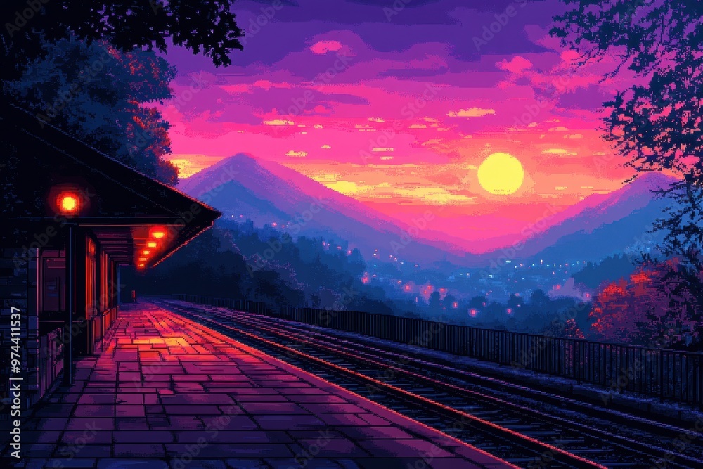 Nostalgic Pixelated Train Platform with Flickering Lanterns and Distant ...