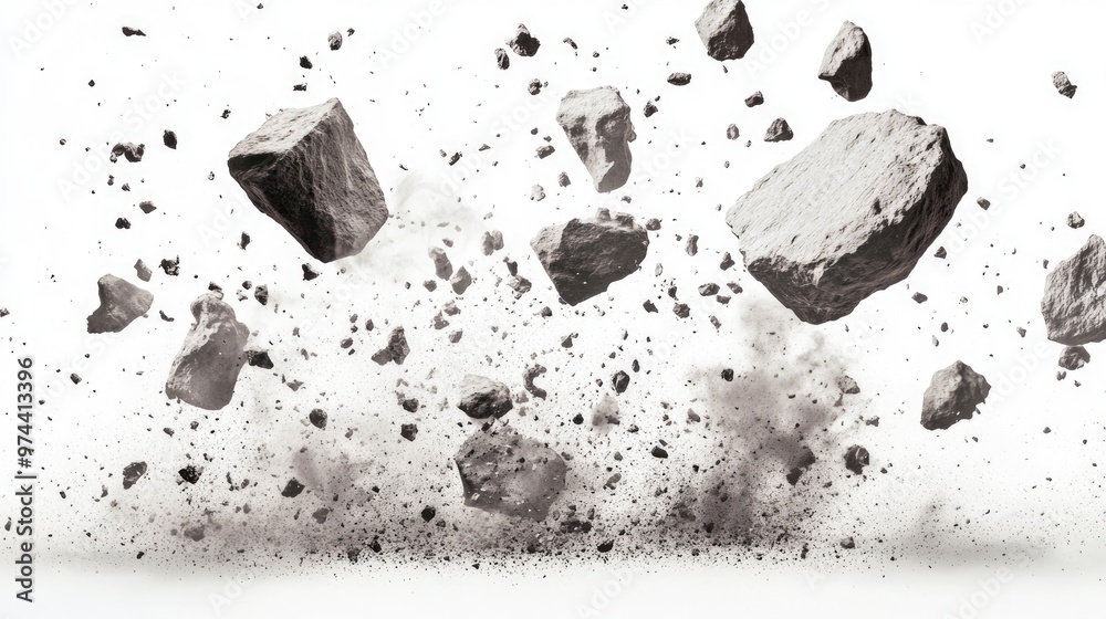 Dynamic flying stones and dust against a white background, creating a ...