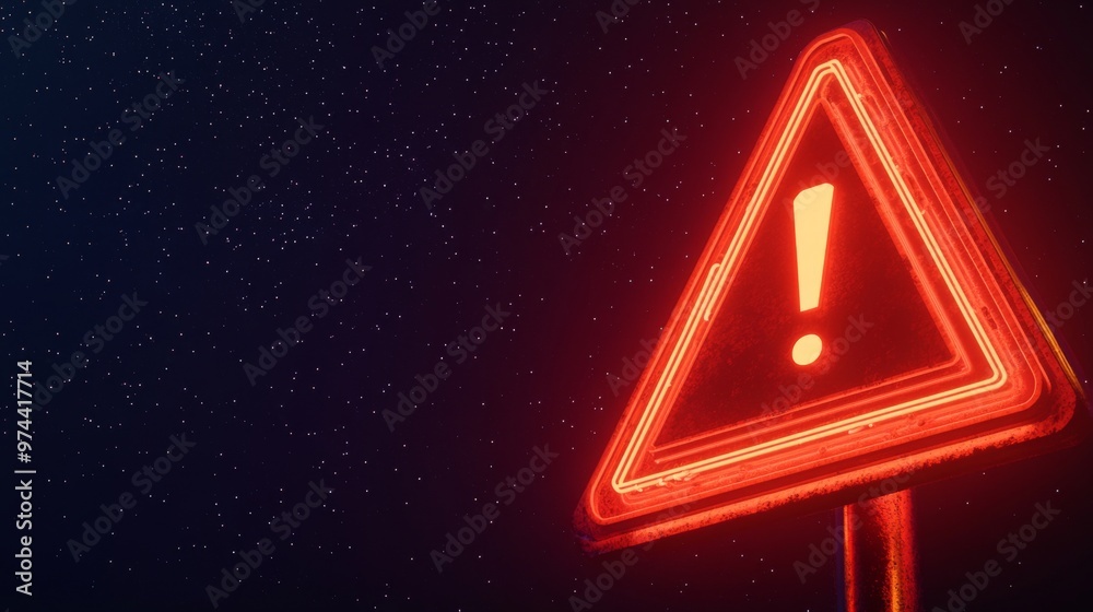 Red neon warning sign against a starry night sky, futuristic caution ...