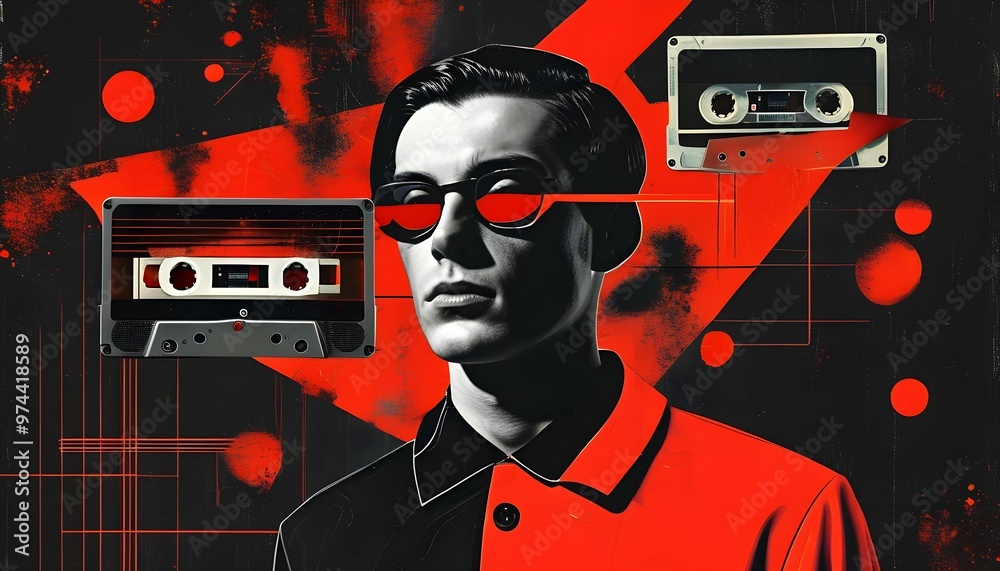 Surreal collage merging human figure with modern cassette technology in ...