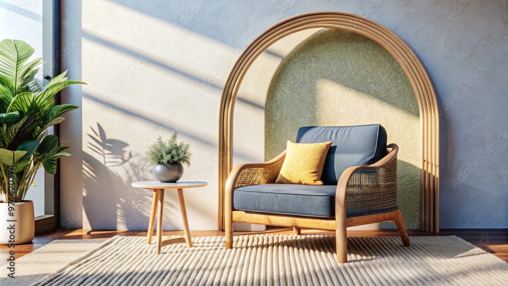 Cozy armchair near stucco arch wall. Japandi, minimalist interior ...