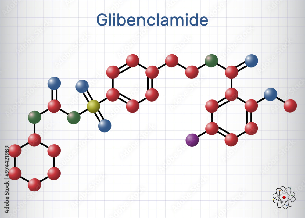 Glibenclamide, glyburide molecule. Sulfonylurea used in the treatment ...