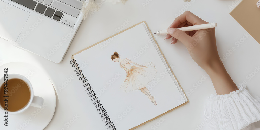 Top view of a female hand drawing a ballerina in a sketchbook. Creative ...
