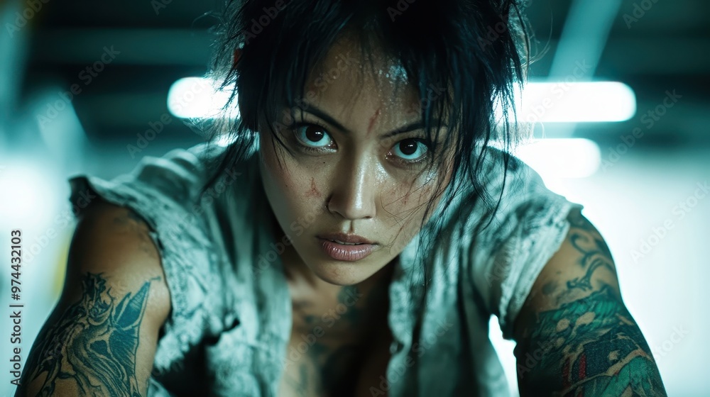 A tattooed woman with visible scars gazes intensely forward, captured ...