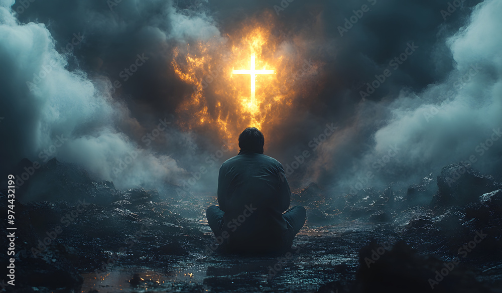 “Man Kneeling in Prayer Under a Glowing Cross Symbolizing Faith ...