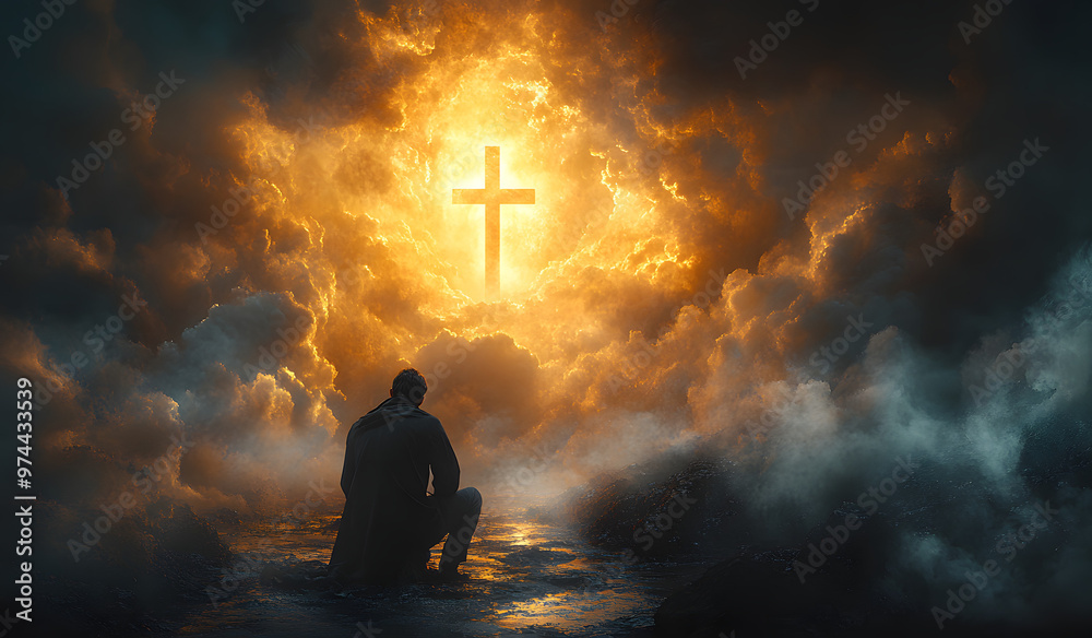 “Man Kneeling in Prayer Under a Glowing Cross Symbolizing Faith ...