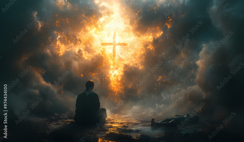 “Man Kneeling in Prayer Under a Glowing Cross Symbolizing Faith ...